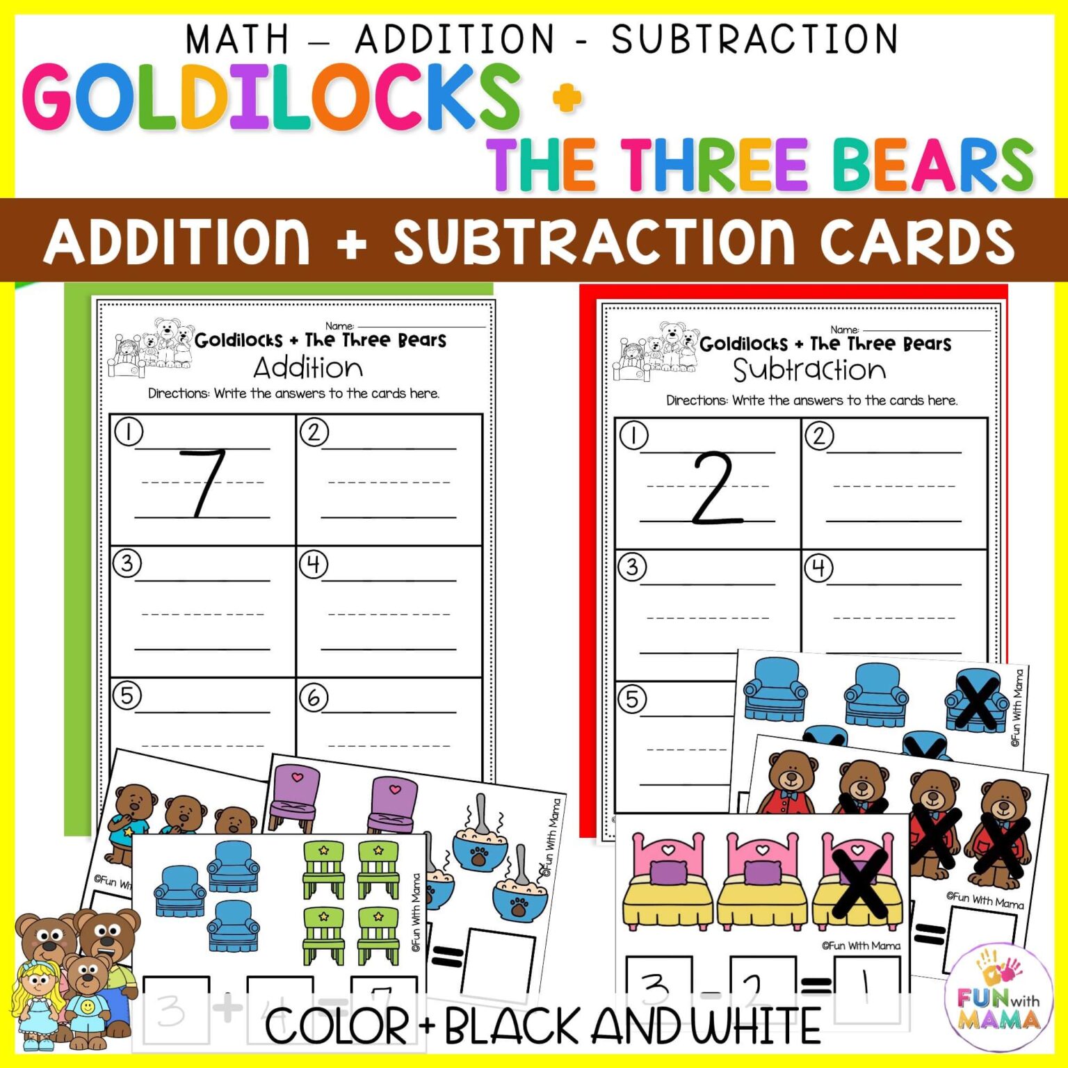 Goldilocks and the Three Bears Addition + Subtraction Cards